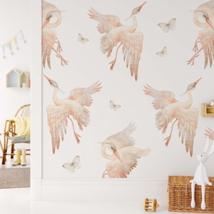 Watercolor Stork Heron Butterfly Wall Stickers Nursery Pink Beige ...