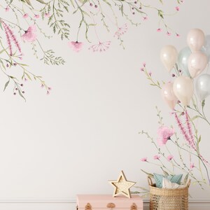 Watercolor Flowers Wall Stickers Nursery Pink Green Floral Leaves ...