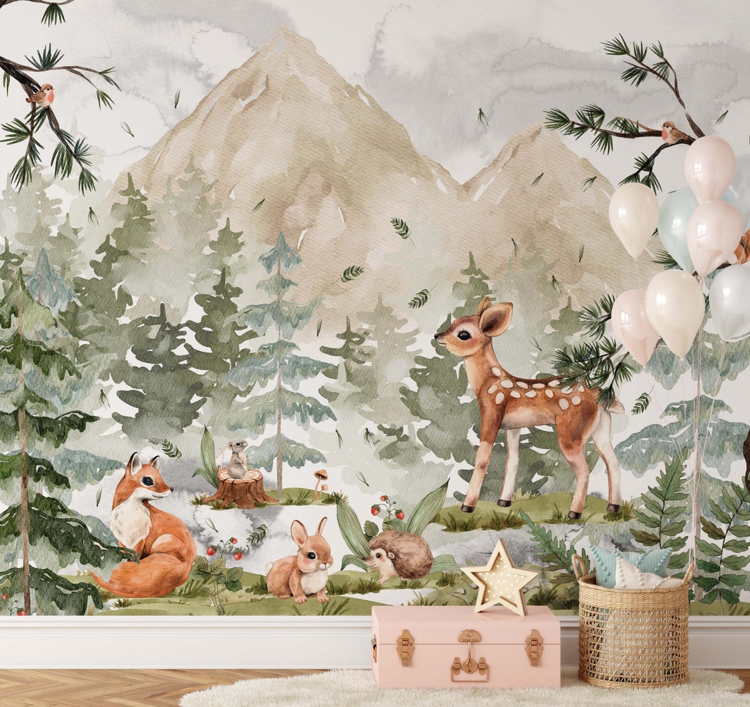 Forest Woodland Wallpaper Watercolor Pine Tree Stickers Nursery Mural ...