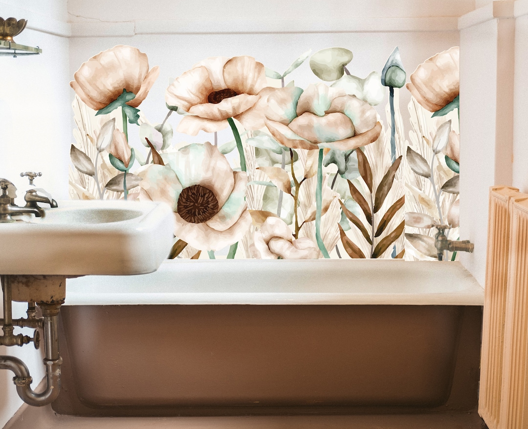 Neutral Nursery Poppy, Eucalyptus Flowers Wall Stickers Beige Calm ...