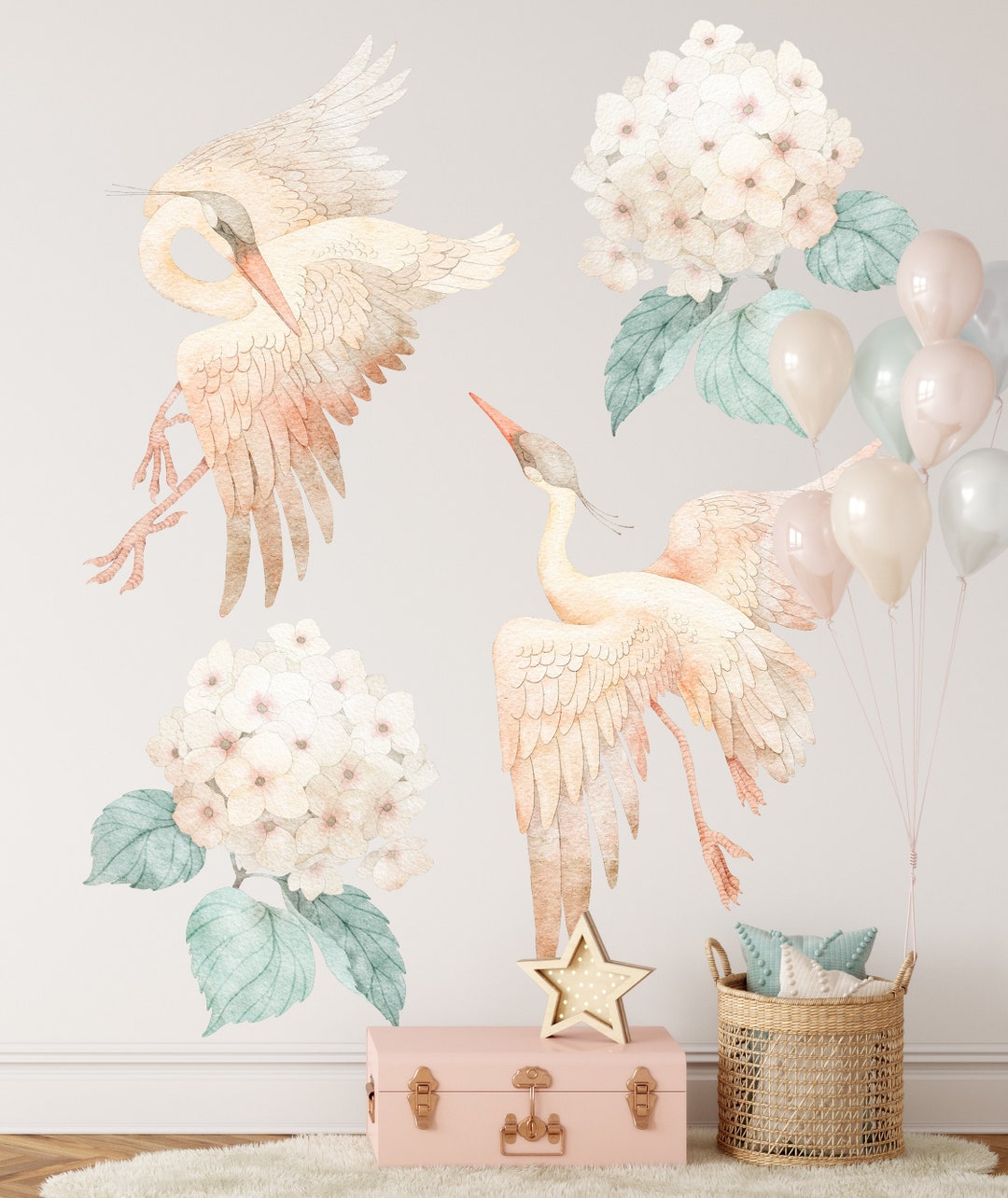 Stork Wall Stickers Hydrangea Flowers Decals Heron Butterfly Watercolor ...