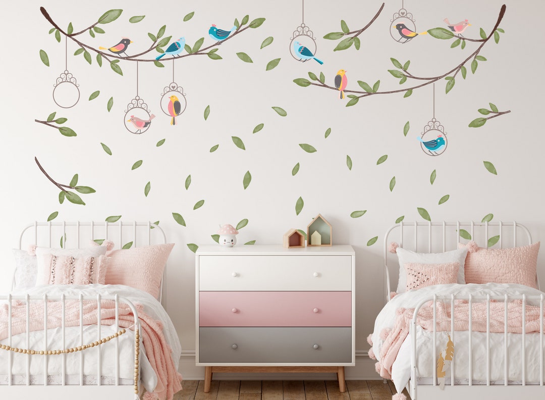 Large Tree Branch Wall Sticker Birds Decals Greenery Twig Nature Boho Nursery Leaves Room ...