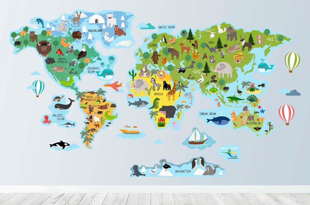 World Map Wall Decal Sticker Animals LF181 - Etsy