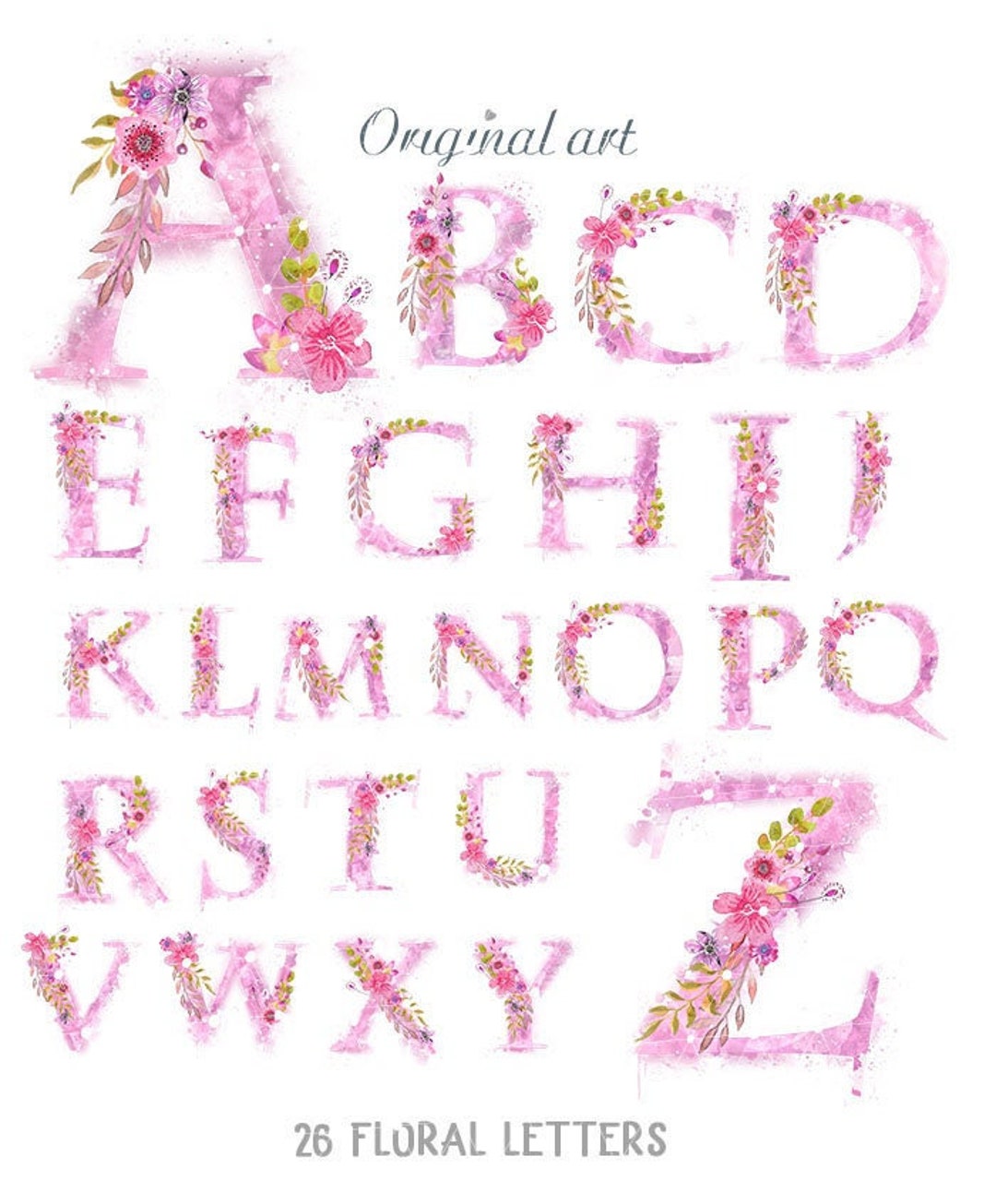 Watercolor Pink Alphabet Clipart Flowers Letters Instant - Etsy