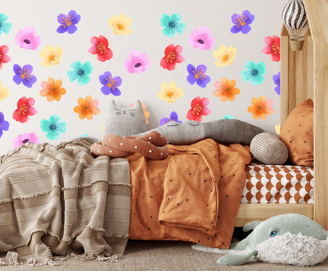 Watercolor Rainbow Flower Wall Decals: Removable Nursery Decor - Etsy