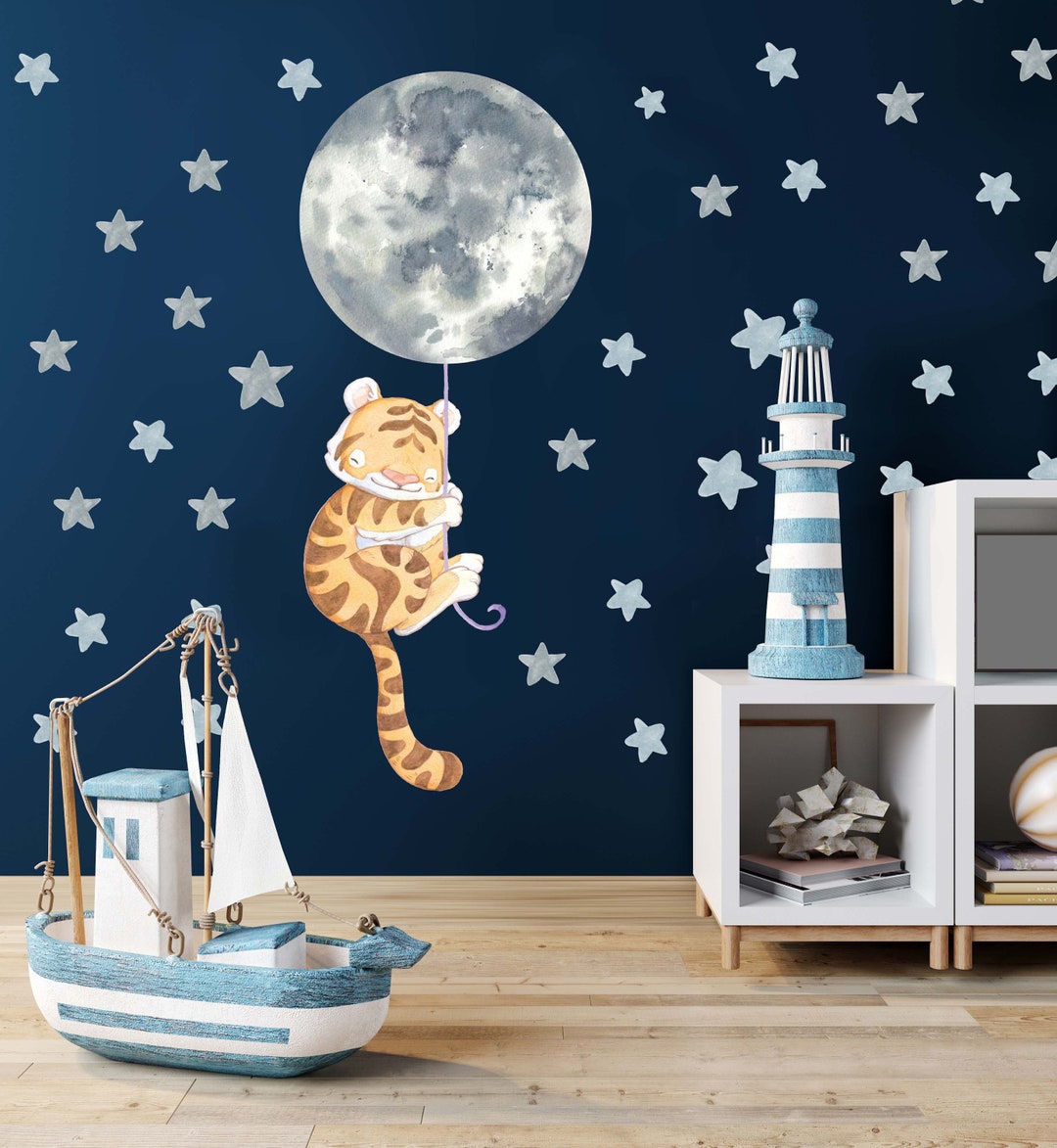 Watercolor Tiger Wall Decal With Moon Balloon and Stars – Jungle ...