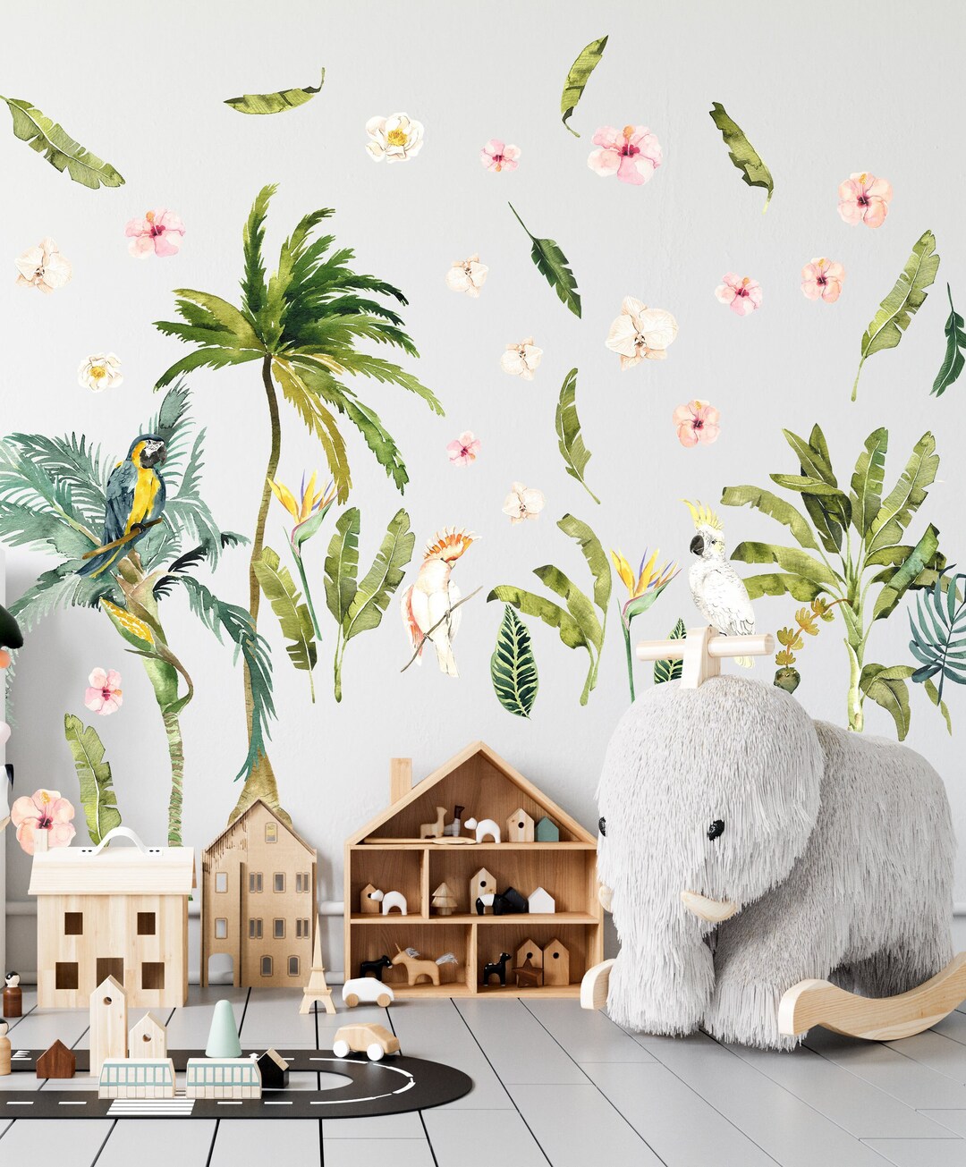 Palm Tree Wall Decals Tropical Leaves Banana Leaf Parrot Greenery ...