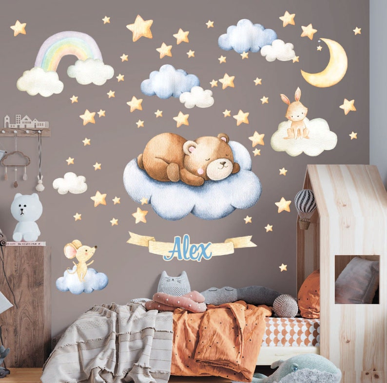 Bear Wall Sticker Sleeping Animal Decal Stars Moon Clouds - Etsy