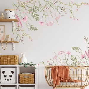 Watercolor Flowers Wall Stickers Nursery Pink Green Floral Leaves ...