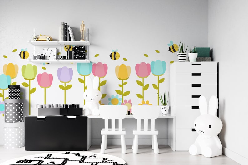 Flower Wall Decals Decor Cute Bee Tulip Floral Home Decor Nursery ...