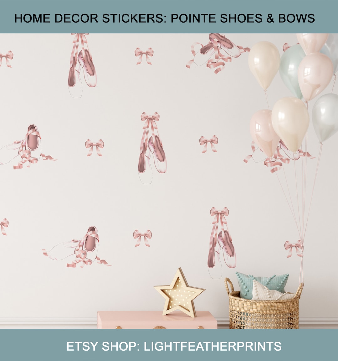 Ballerina Ballet Pointe Shoes Decals, Bows, Pink and White Wall Decor ...