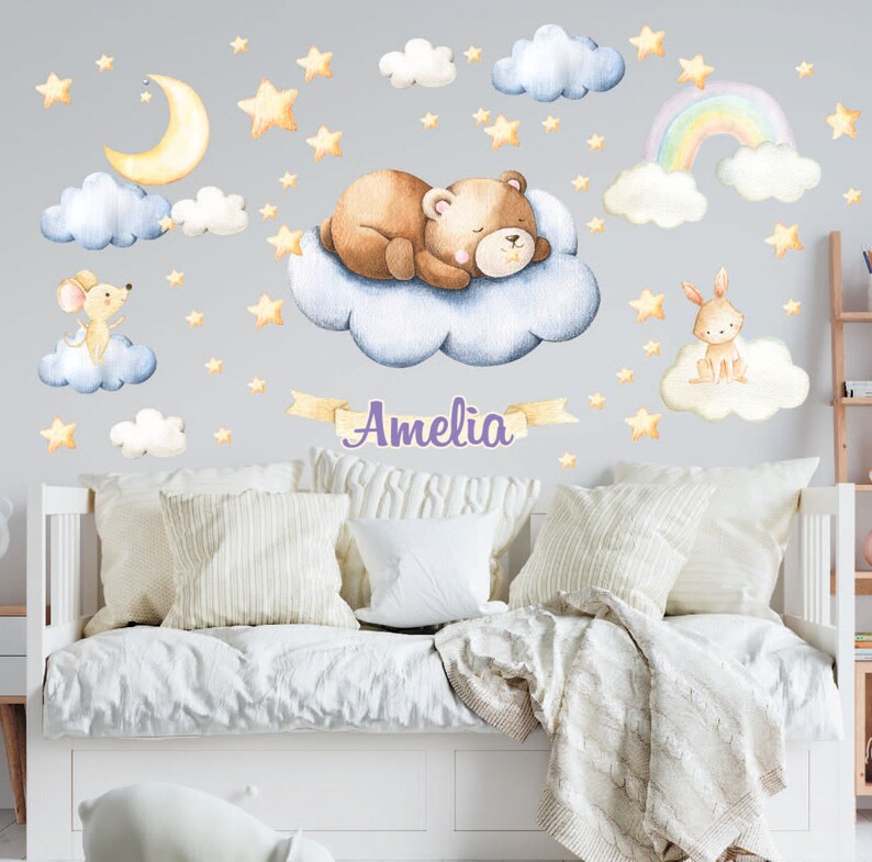 Bear Wall Sticker Sleeping Animal Decal Stars Moon Clouds - Etsy