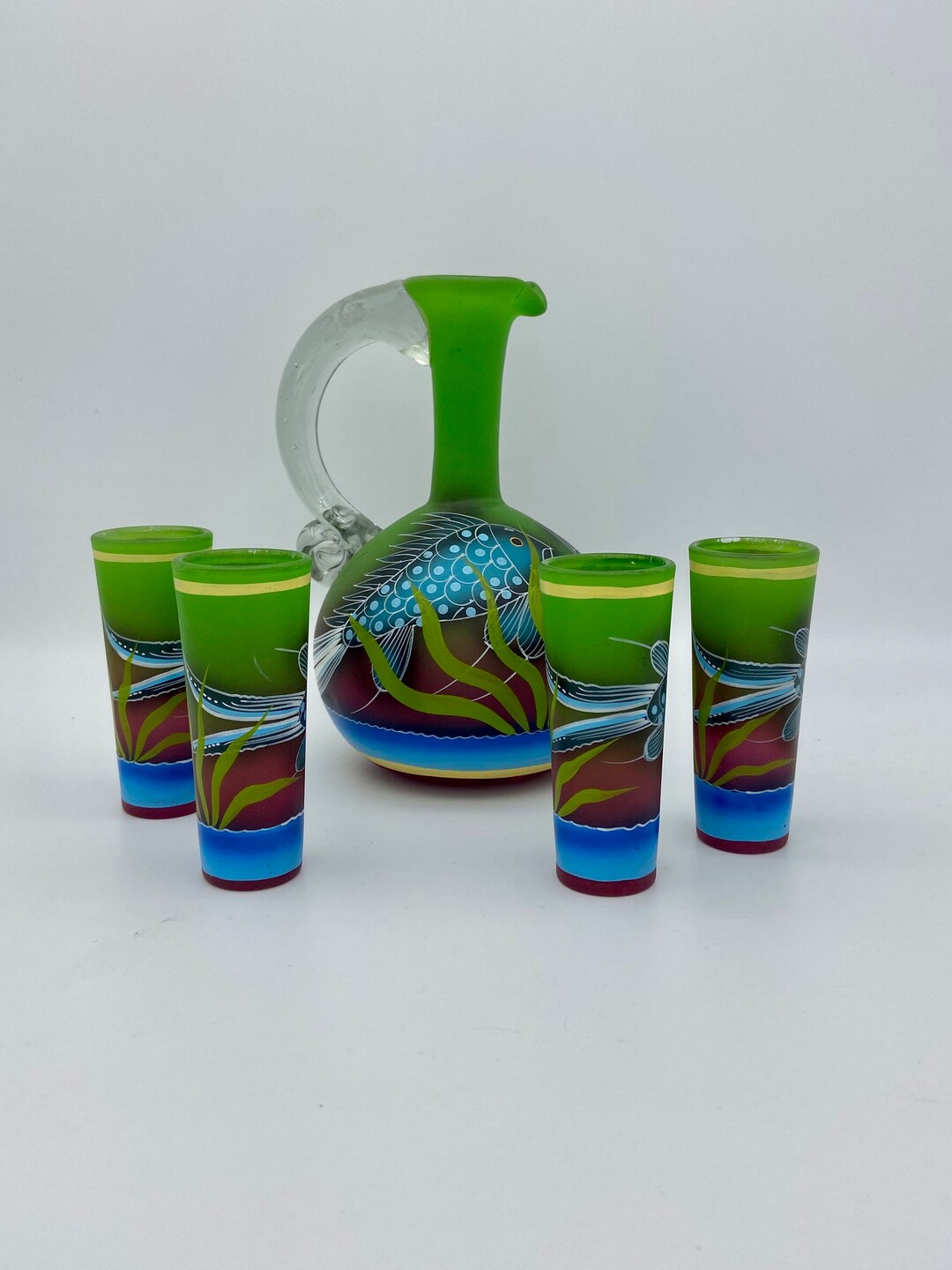 Hand Painted Glass Pitcher and Tall Shot Glasses Colorful Fish - Etsy
