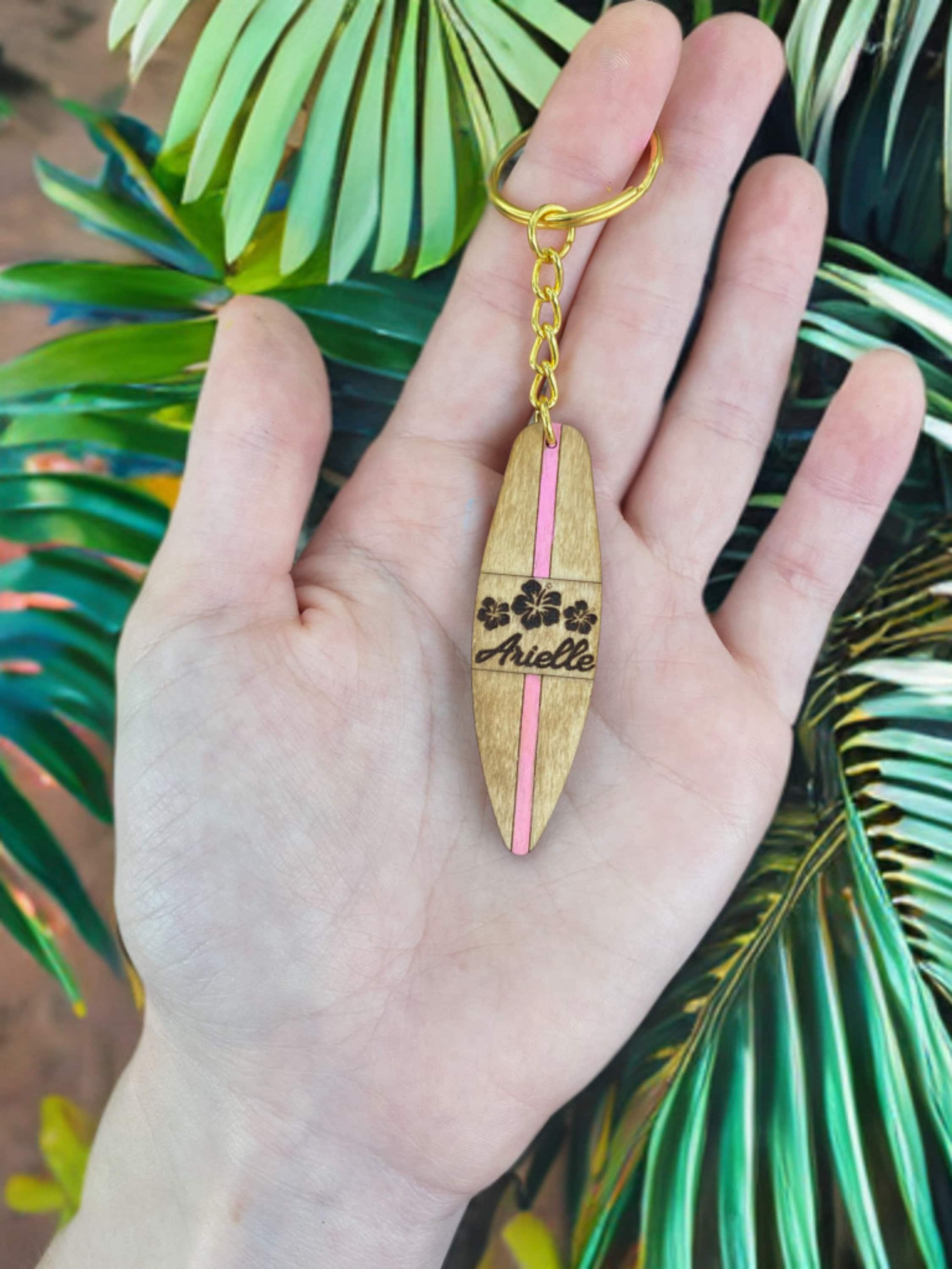 Personalized Surfboard Name Hibiscus Keychain, Laser Engraved Custom ...