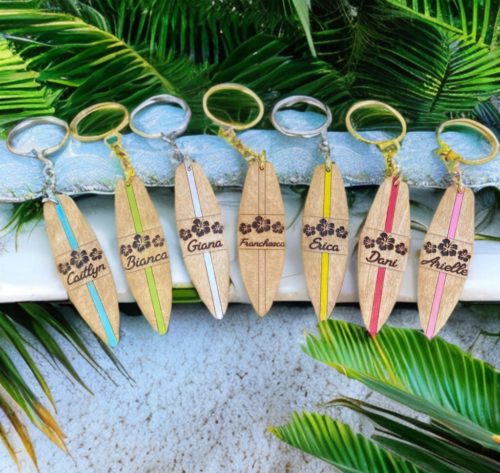 Personalized Surfboard Name Hibiscus Keychain, Laser Engraved Custom ...