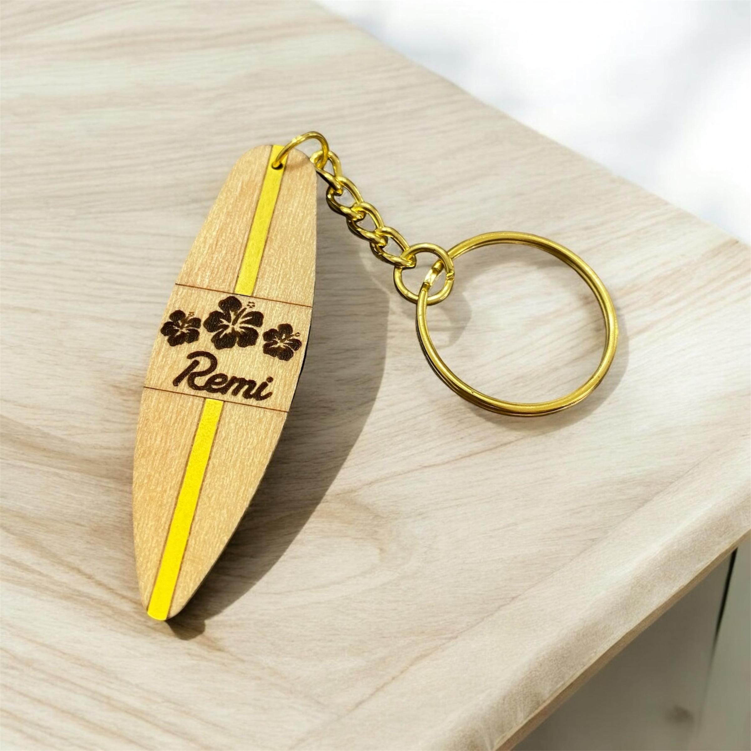 Personalized Surfboard Name Hibiscus Keychain, Laser Engraved Custom ...