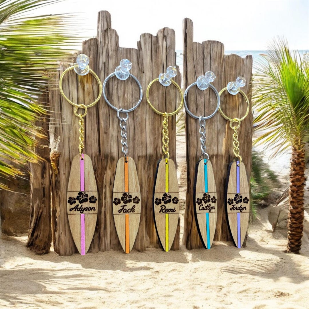 Personalized Surfboard Name Hibiscus Keychain, Laser Engraved Custom ...