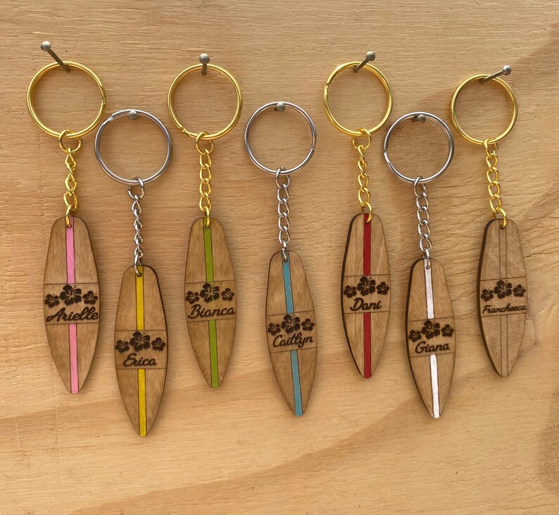 Personalized Surfboard Name Hibiscus Keychain, Laser Engraved Custom ...