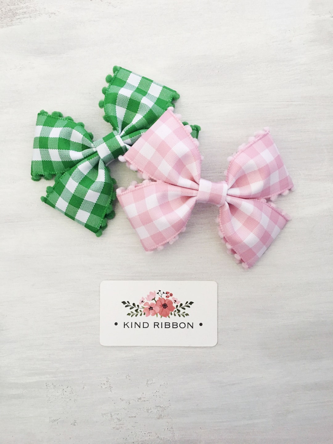 Pompom Gingham Bow - 3.75in - Etsy