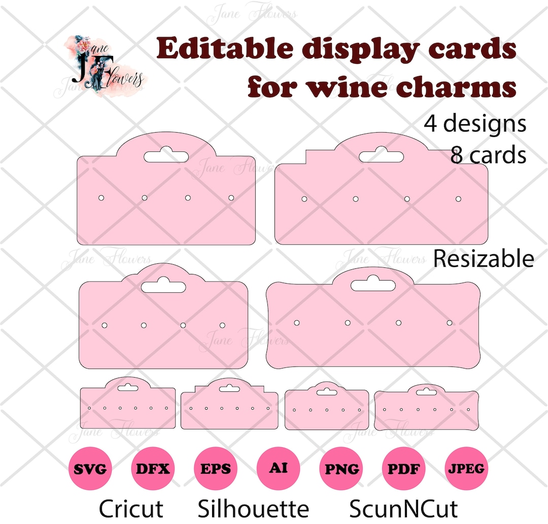 Editable Wine Charm Cards, Wine Ring Holder, Charming Display Card SVG ...