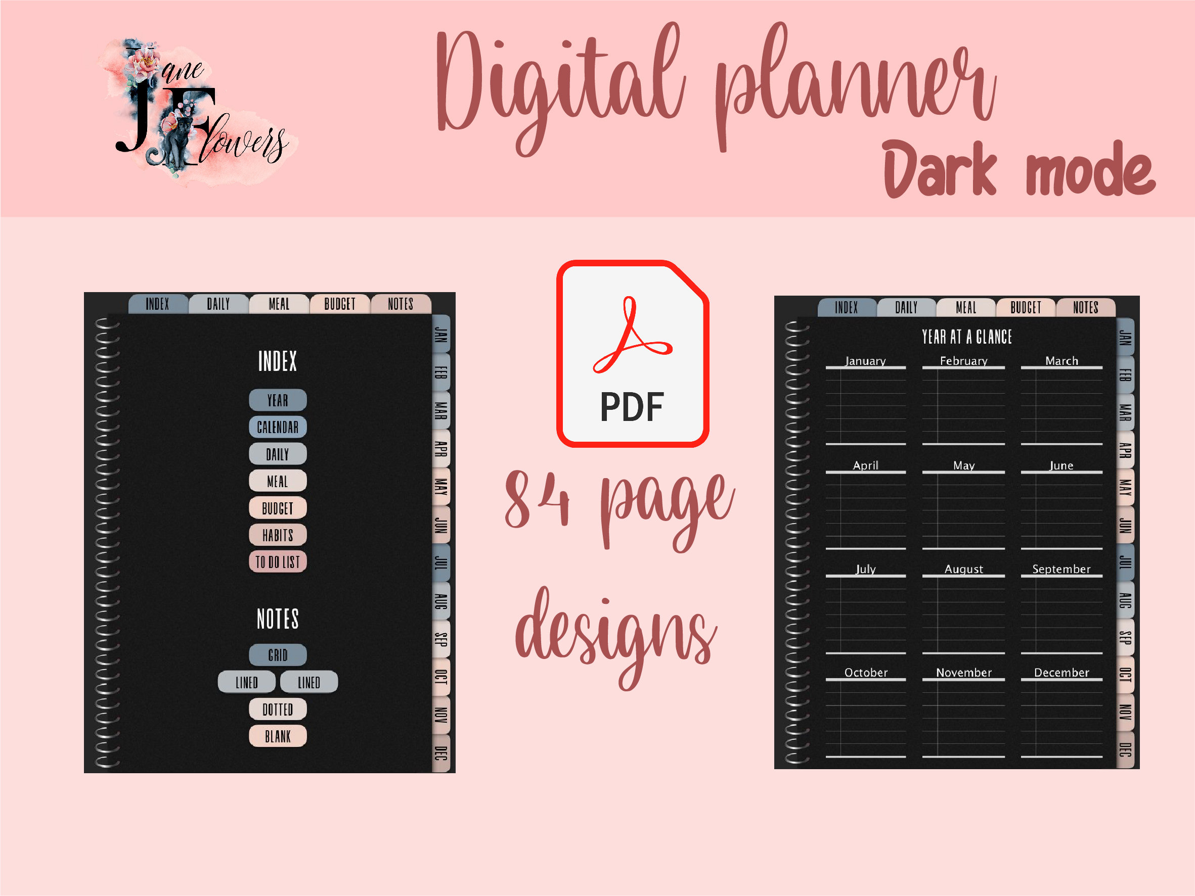 Undated Dark Mode Hyperlinked Digital Planner Start Sunday, Vertical ...