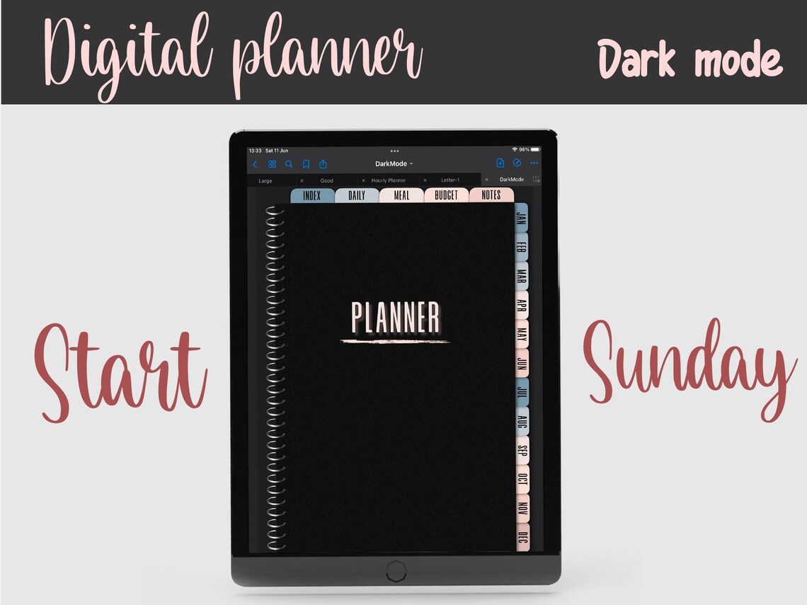 Undated Dark Mode Hyperlinked Digital Planner Start Sunday, Vertical ...