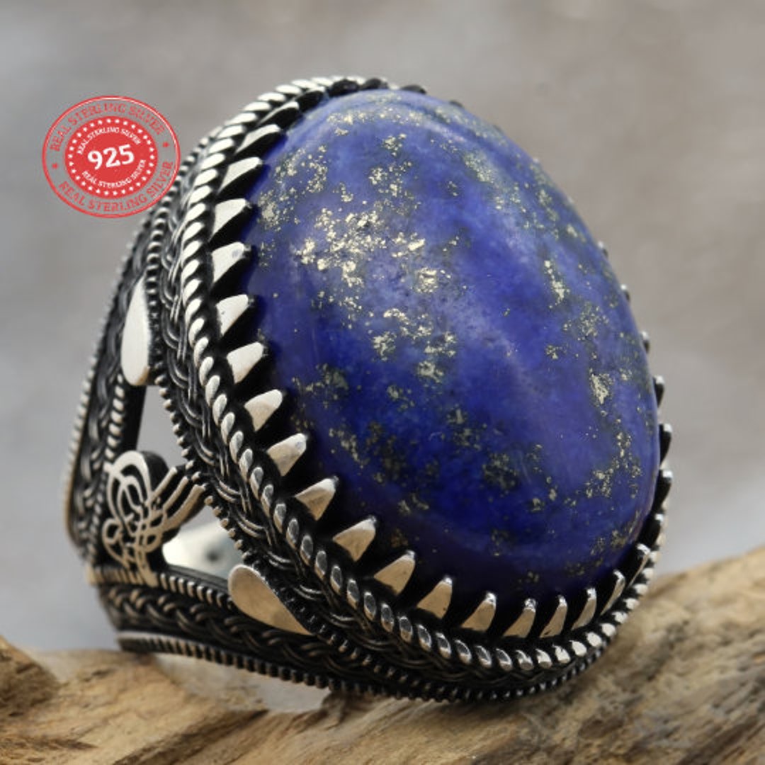 Men Ring Natural Lapis Lazuli Real Sterling Silver 925 Classic Hand ...