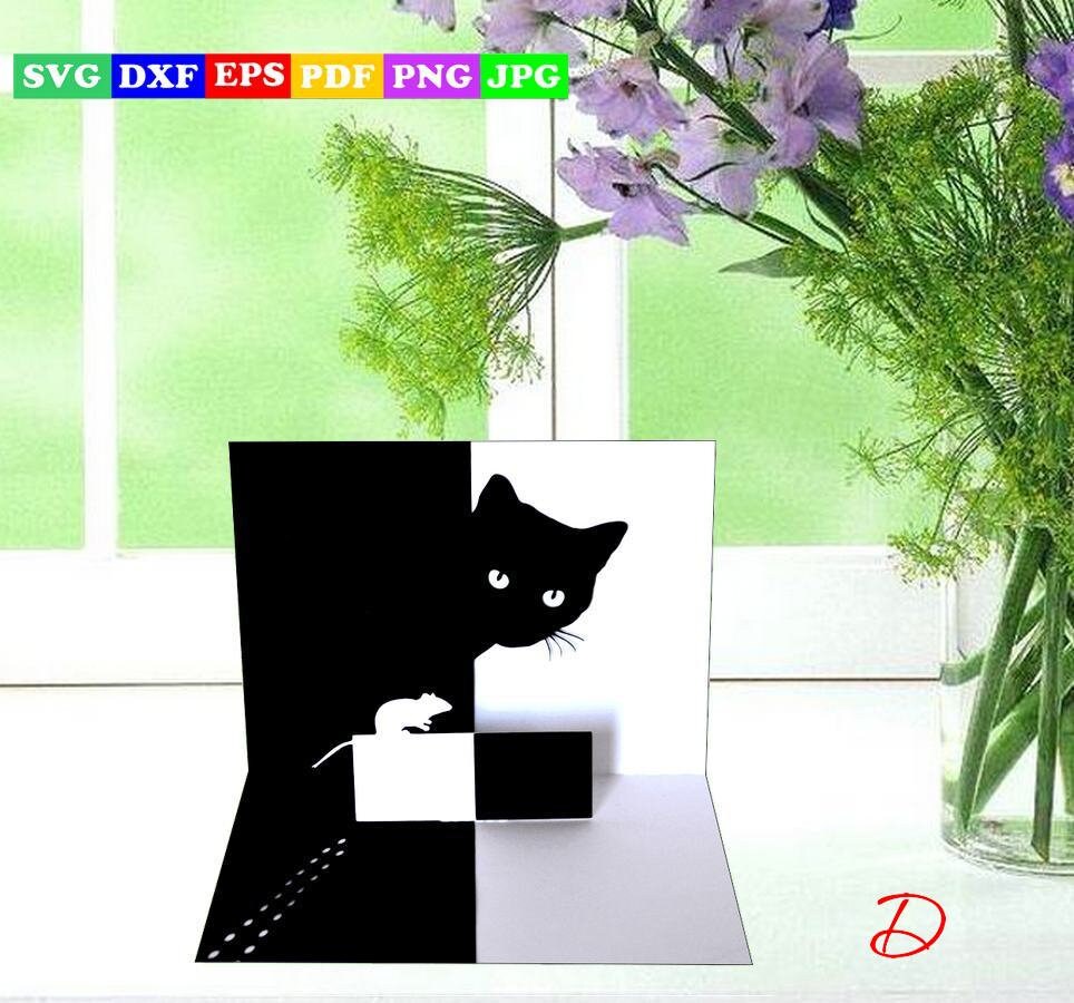 Cat and Mouse Card SVG, Black Cat and Mouse Postcard Digital Files for ...