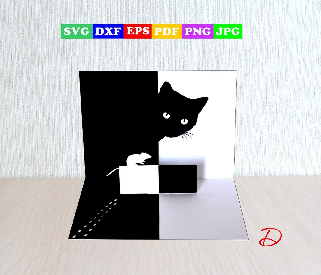 Cat and Mouse Card SVG, Black Cat and Mouse Postcard Digital Files for ...