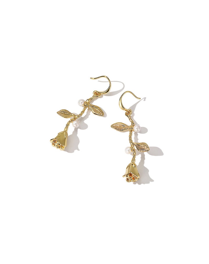 Gold Rose Earrings Dangle Gold Flower Earrings Handmade | Etsy