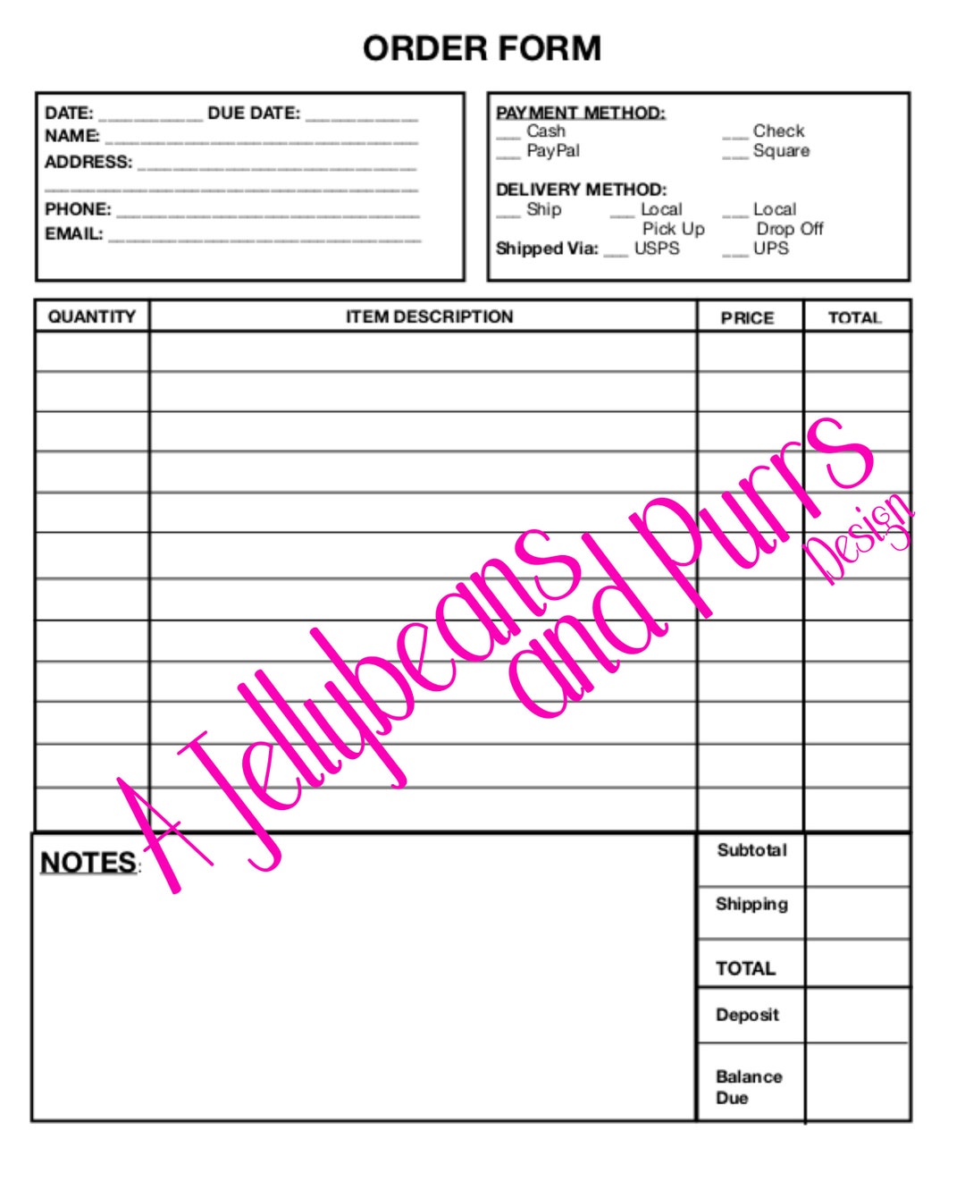 GENERAL ORDER FORM - Etsy