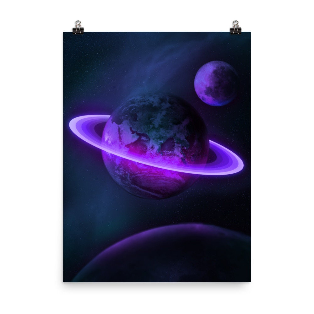 Purple Earth Full Moon Star Outer Space Nebula Glowing Orbit Effect ...