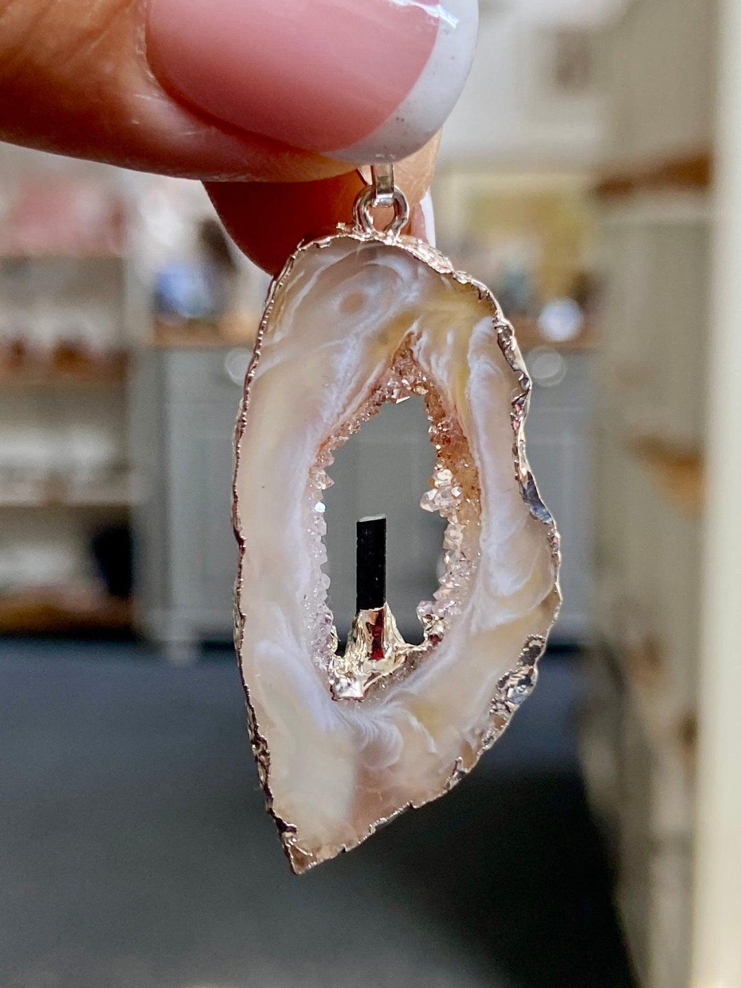 Tabasco Geode - Black Tourmaline Silver Gilded Pendant - Etsy