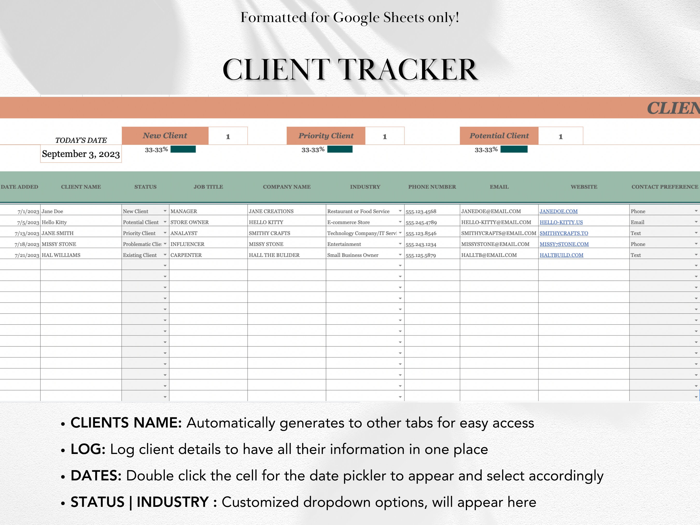 Client Tracker Spreadsheet Bundle, Client Management Google Sheets, Customer List, Client ...