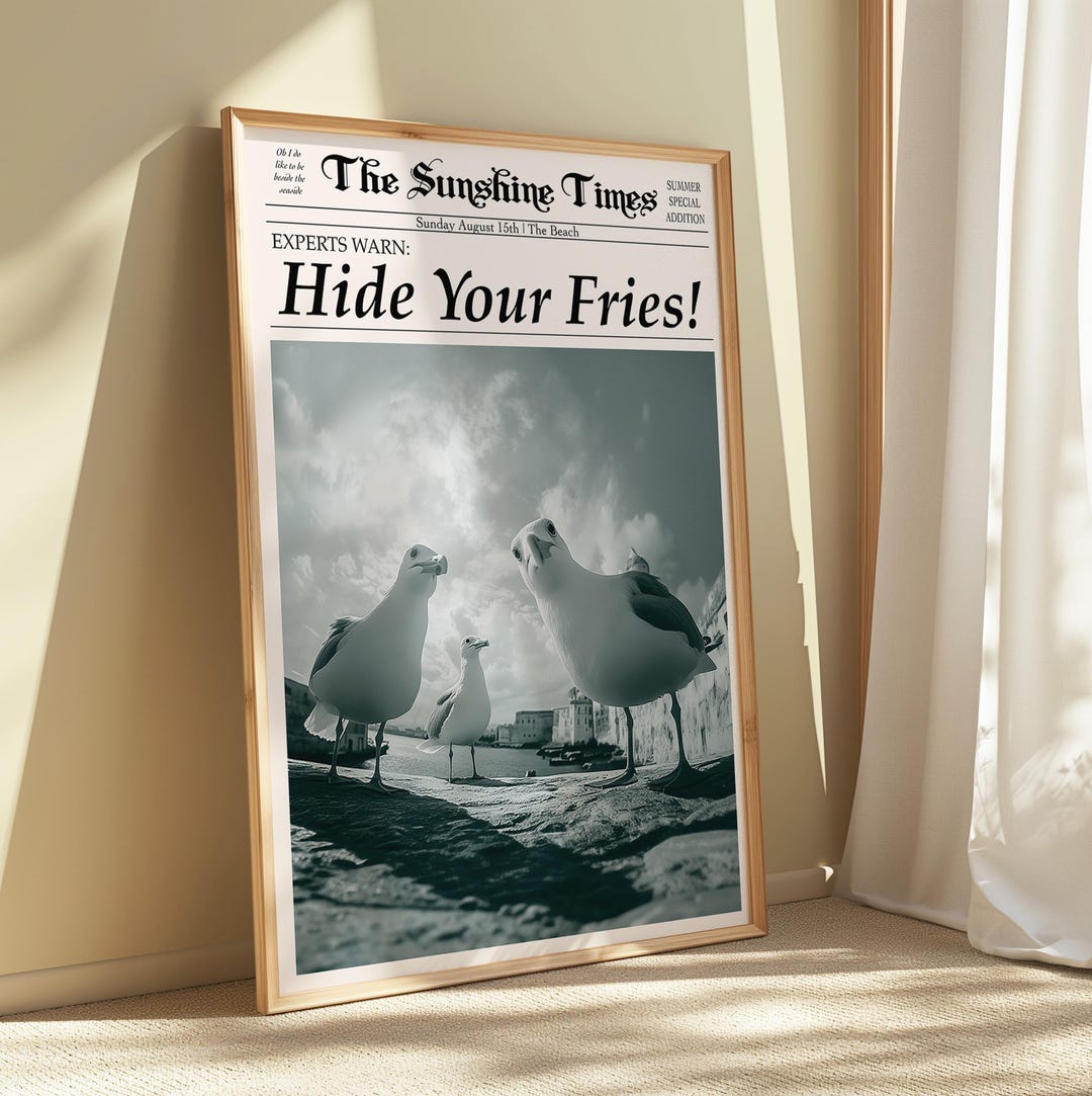 Hide Your Fries Seagull Newspaper Print, Quirky Coastal Art (digital ...