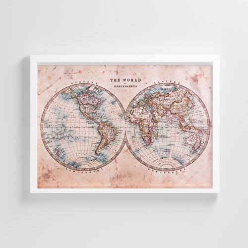 Hemisphere Vintage World Map Frameless Poster Illustration Art - Etsy UK