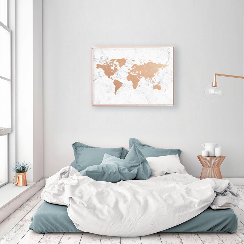 White Marble World Map Frameless Poster Illustration Art Print - Etsy