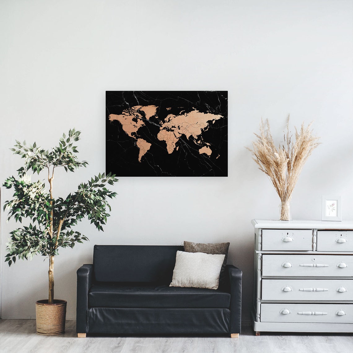 Black Marble World Map Large Canvas Illustration Art Print Stylish Home ...