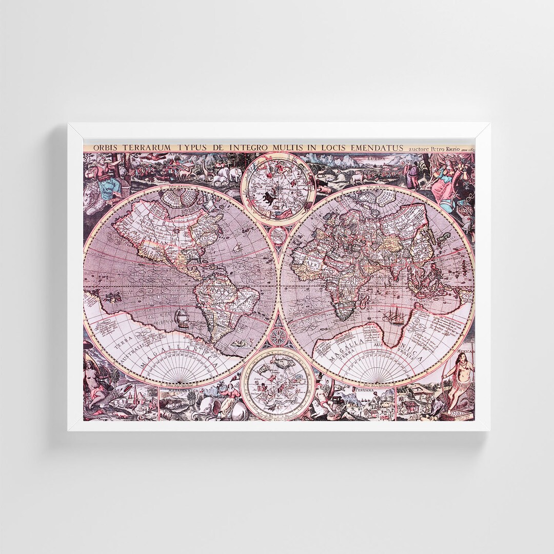 Medieval Vintage Wold Map Frameless Poster Illustration Art Print ...