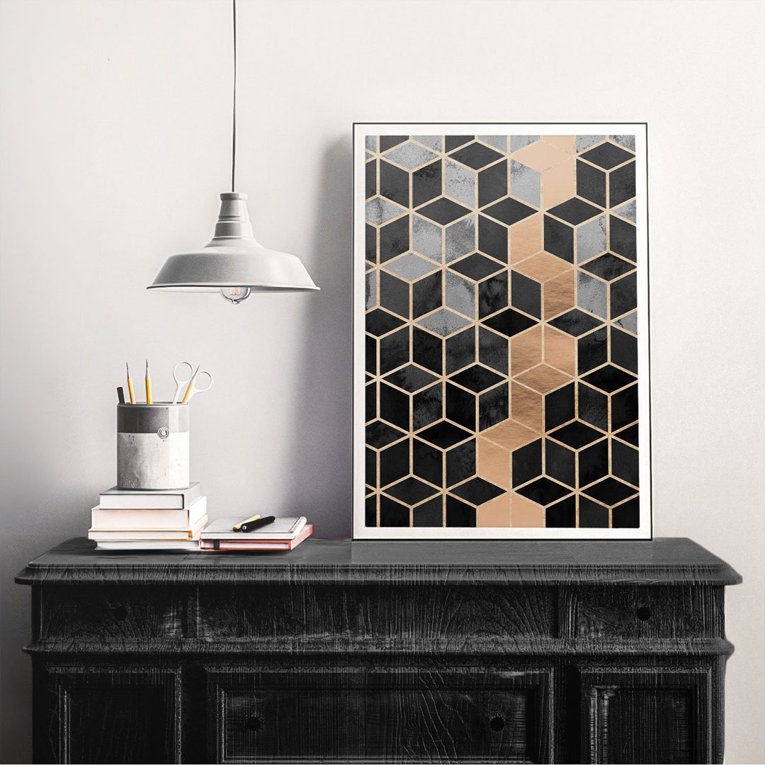 Geometric Black & Gold Texture Cubes Watercolor Frameless Poster Art ...