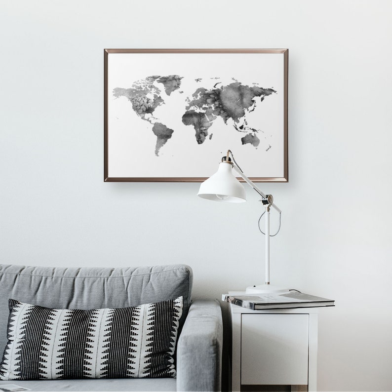 Black Watercolor World Map Frameless Poster Illustration Art Print ...