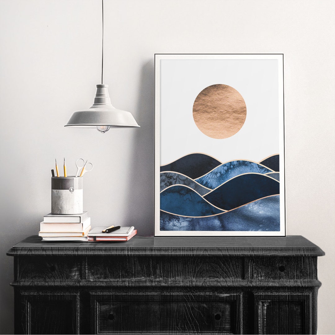 Abstract Sun & Sea Waves Watercolor Illustration Frameless Poster Art ...