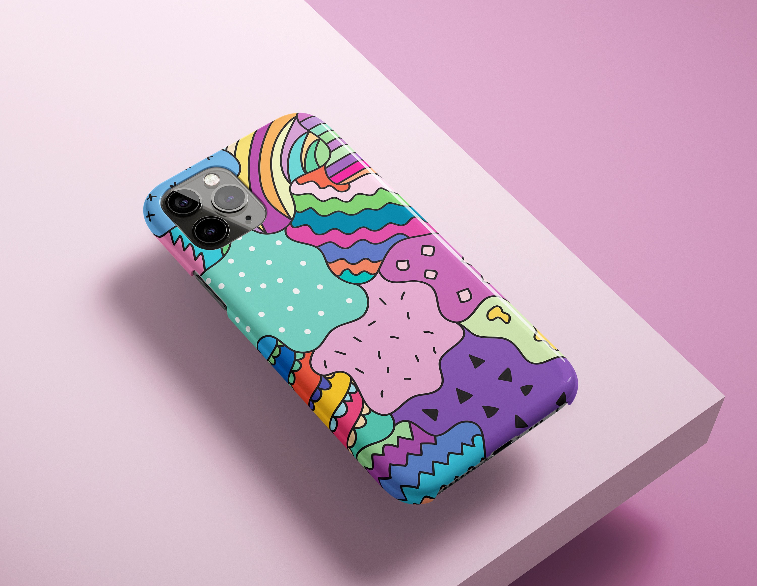 Patchwork Doodles Colorful Pattern Phone Case, Pink Rainbow Polka Dots ...