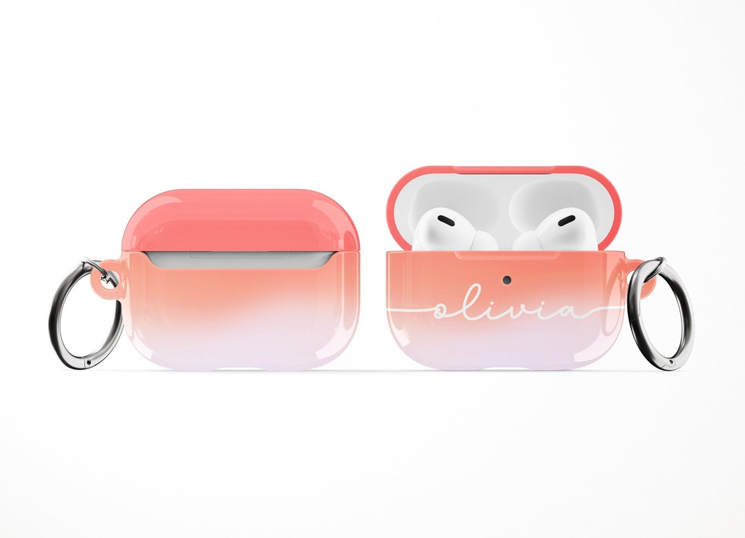 Pink Sunset Monogram AirPod Case, Cute Ombre Coral Air Pod Cover, Hard ...