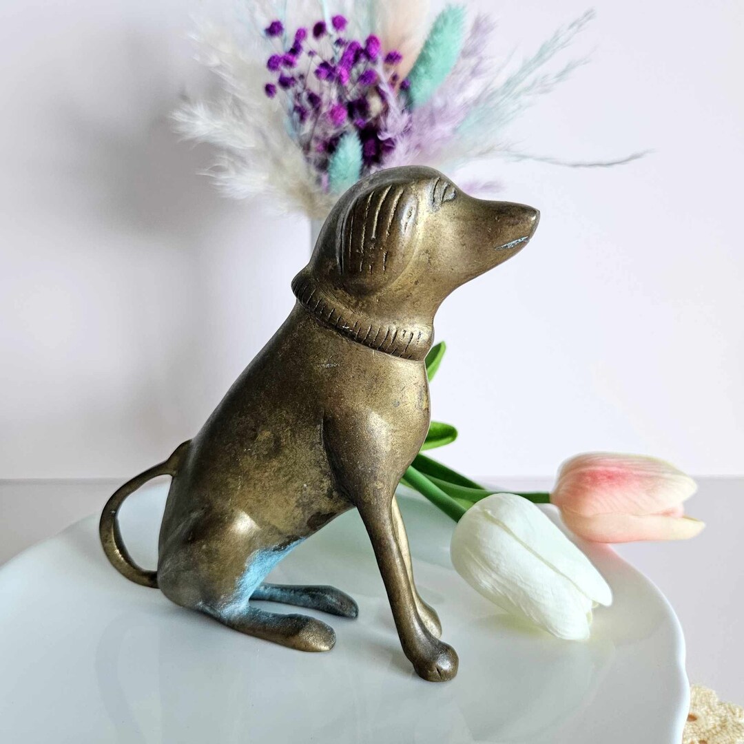 Vintage Brass Dog Figurine Seated Dog Sculpture With Patina Collectible ...