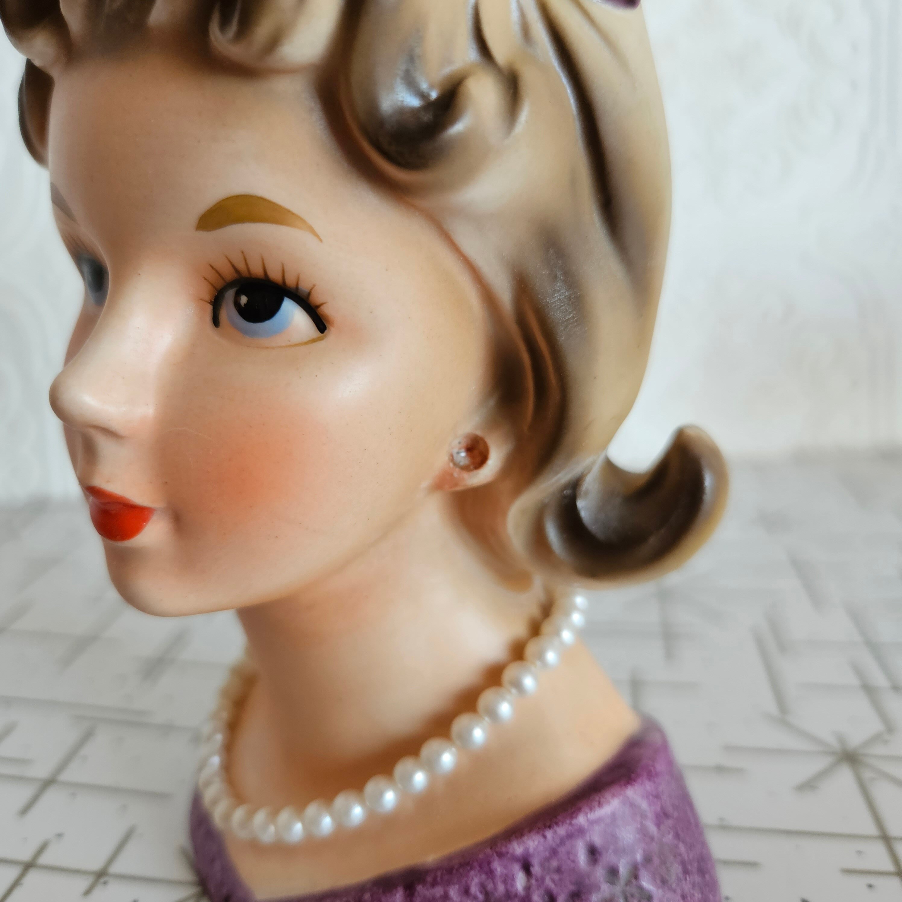 VINTAGE Lady Head Vase Relpo Japan Pearls Purple Bow Teen K1696 - Etsy