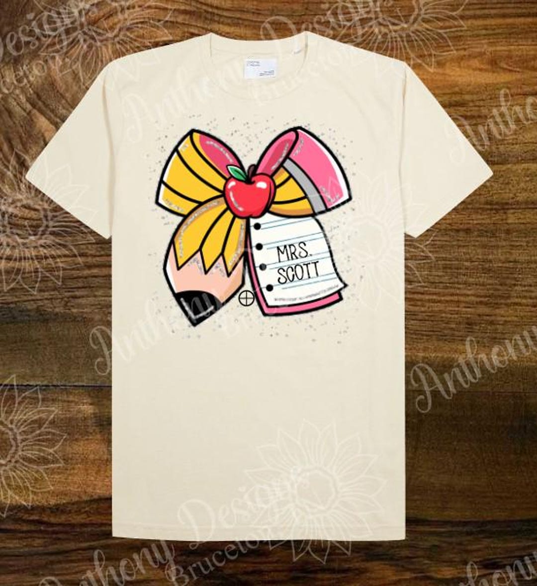 Pencil Apple Bow With Teacher Name Personalization Teacher Appreciation ...