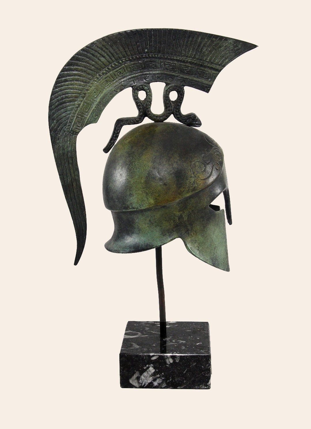 Ancient Greek Corinthian Helmet Coiling Snake Crest and Marble Base ...