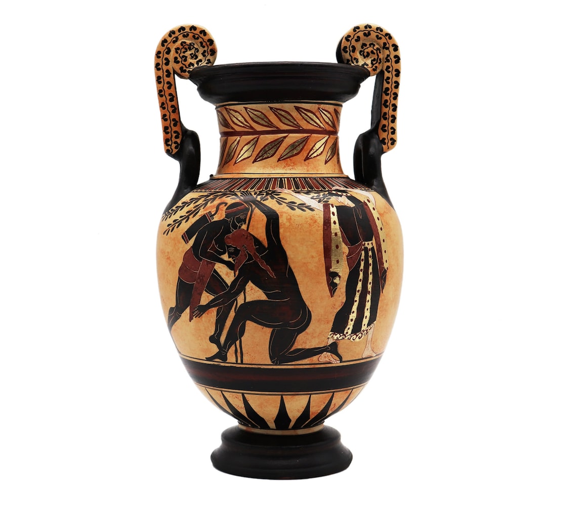 Krater Ancient Greek Pottery, Hercules Fighting Warriors, Black Figure ...