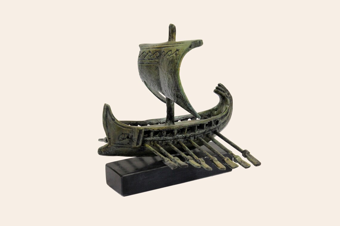 Penteconter Bronze Ship Statue Table Top Display, Trireme Ship ...